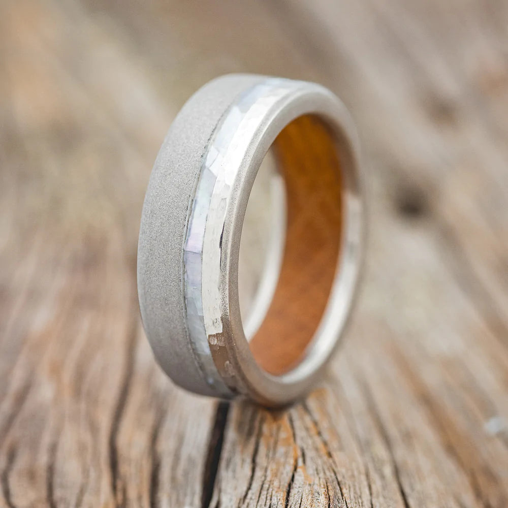 "VERTIGO" - MOTHER OF PEARL WEDDING RING WITH A HAMMERED AND SANDBLAST