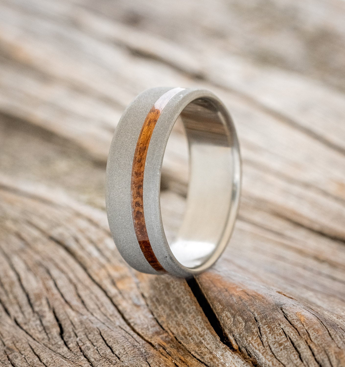 "VERTIGO" - REDWOOD WEDDING BAND WITH SANDBLASTED FINISH - TITANIUM