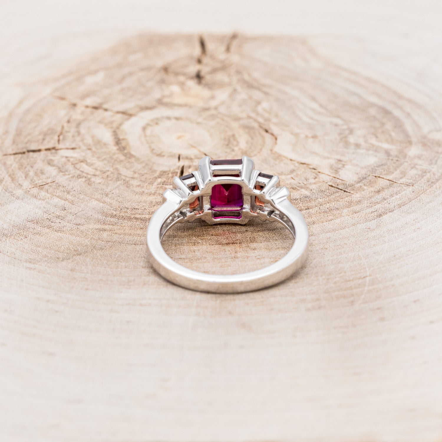 "HAZEL" - EMERALD CUT LAB-GROWN RUBY ENGAGEMENT RING WITH GARNET & DIA