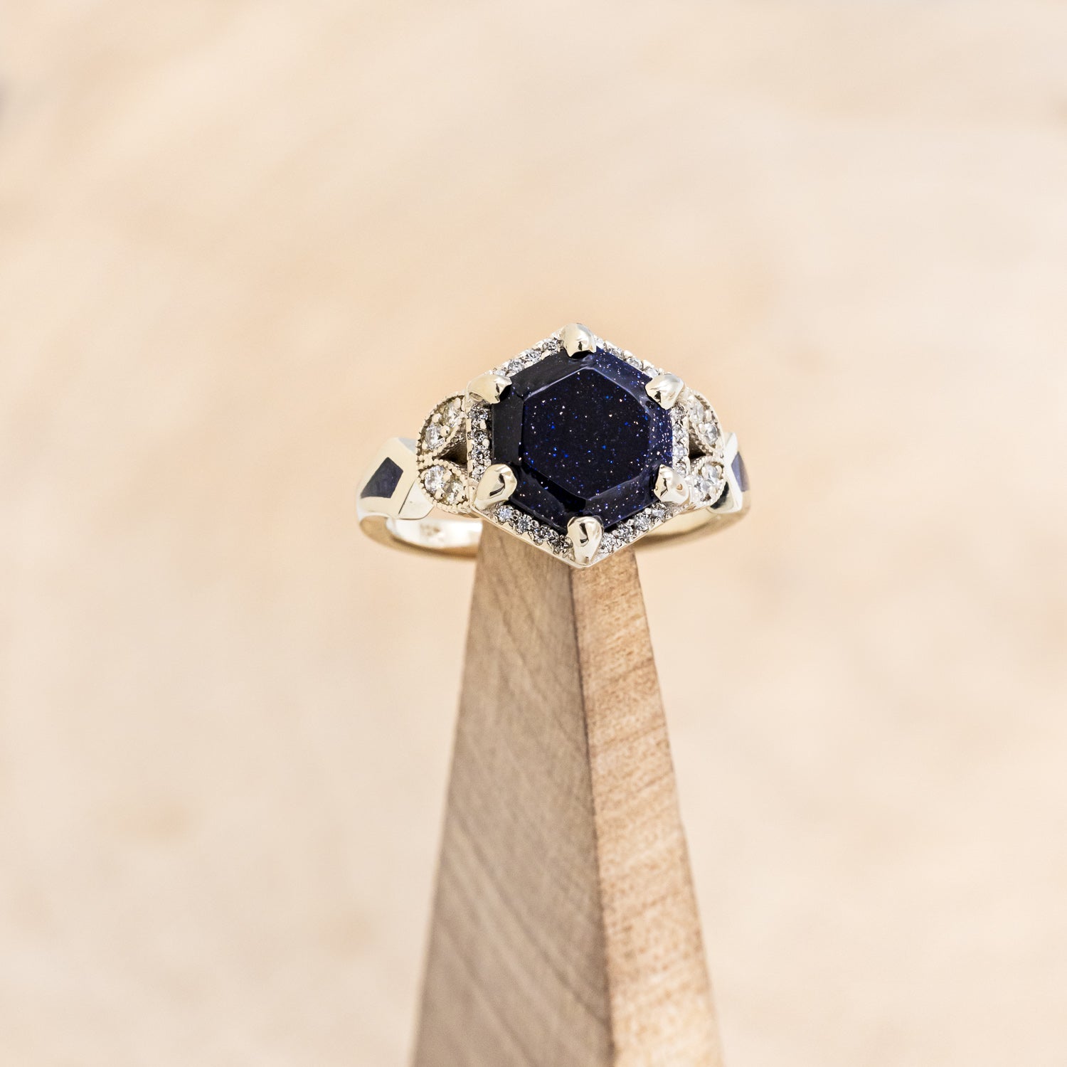 "LUCY IN THE SKY" - HEXAGON CUT BLUE GOLDSTONE ENGAGEMENT RING WITH DI