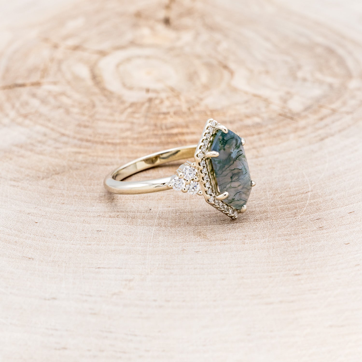 "OCTAVIA" - ELONGATED HEXAGON MOSS AGATE ENGAGEMENT RING WITH DIAMOND