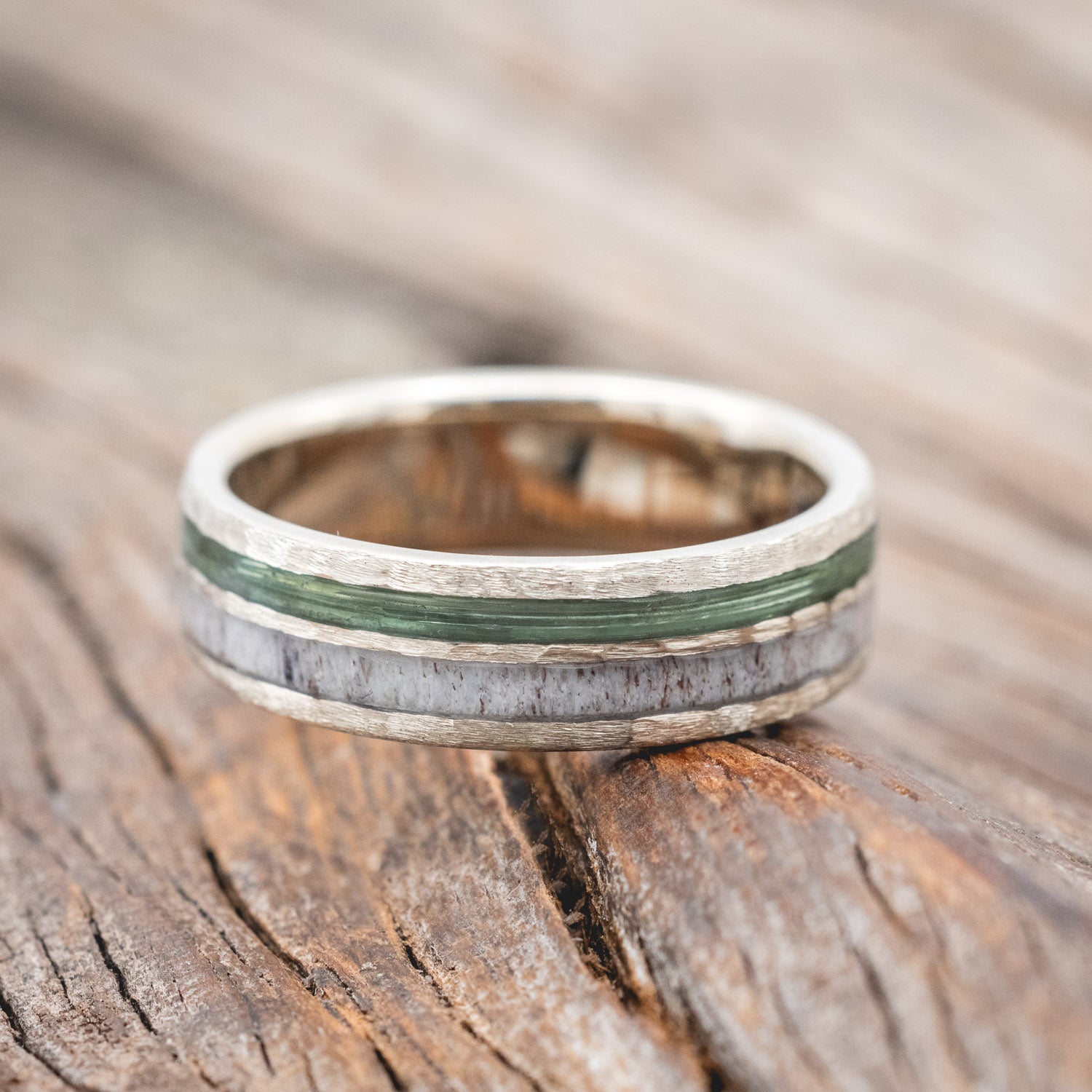 "RAPTOR" - ANTLER & FISHING LINE WEDDING RING FEATURING A HAMMERED BAN