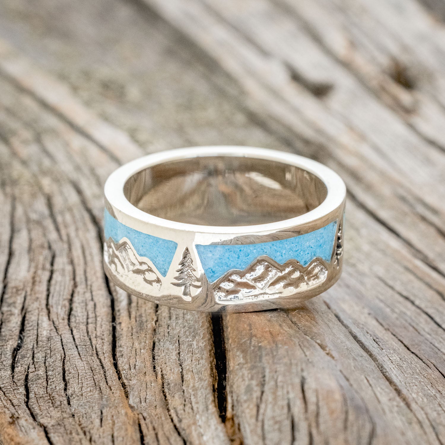 "SUMMIT" - MOUNTAIN RANGE ENGRAVED WEDDING RING WITH TURQUOISE INLAYS