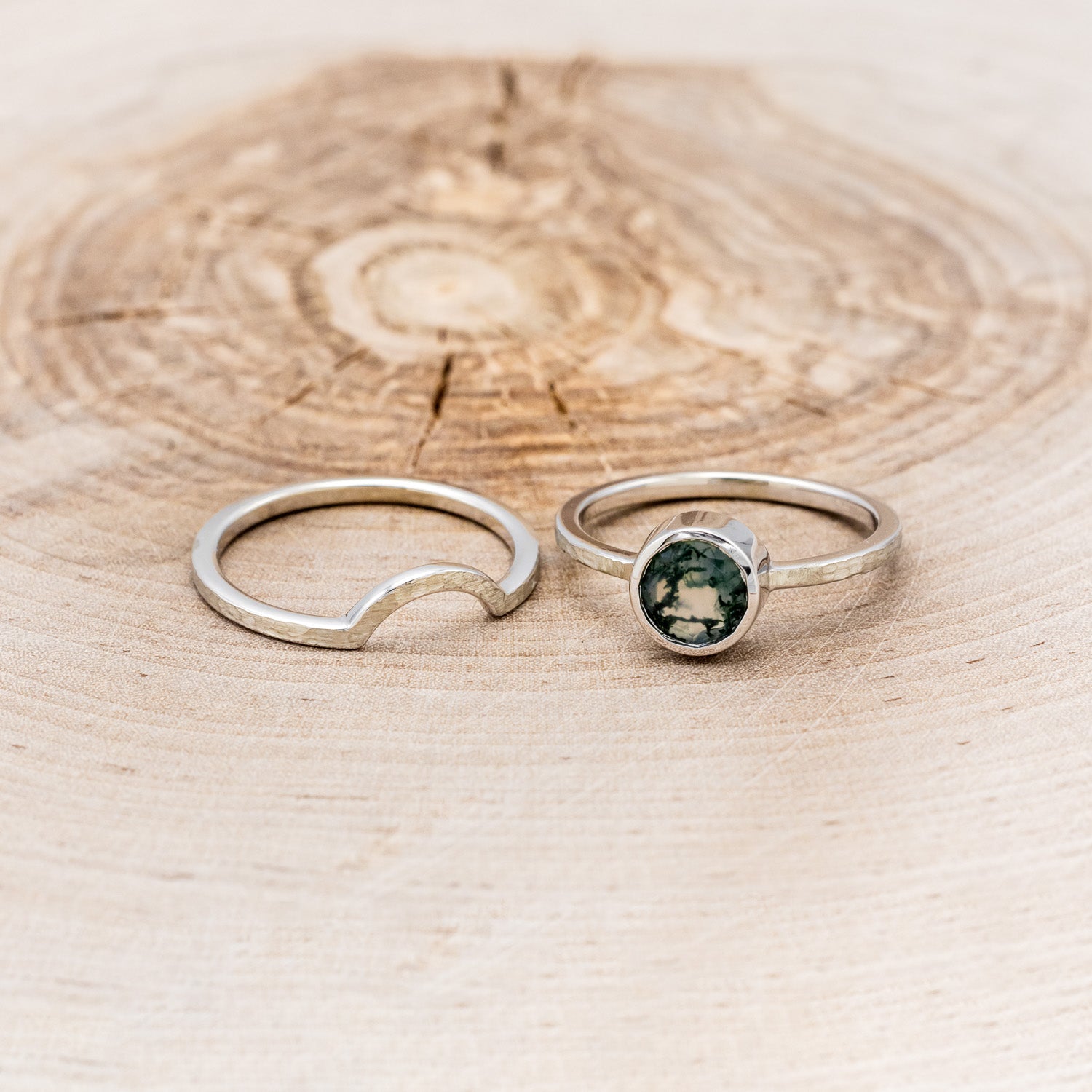 "EVELYN" - BEZEL SET MOSS AGATE SOLITAIRE ENGAGEMENT RING WITH TRACER