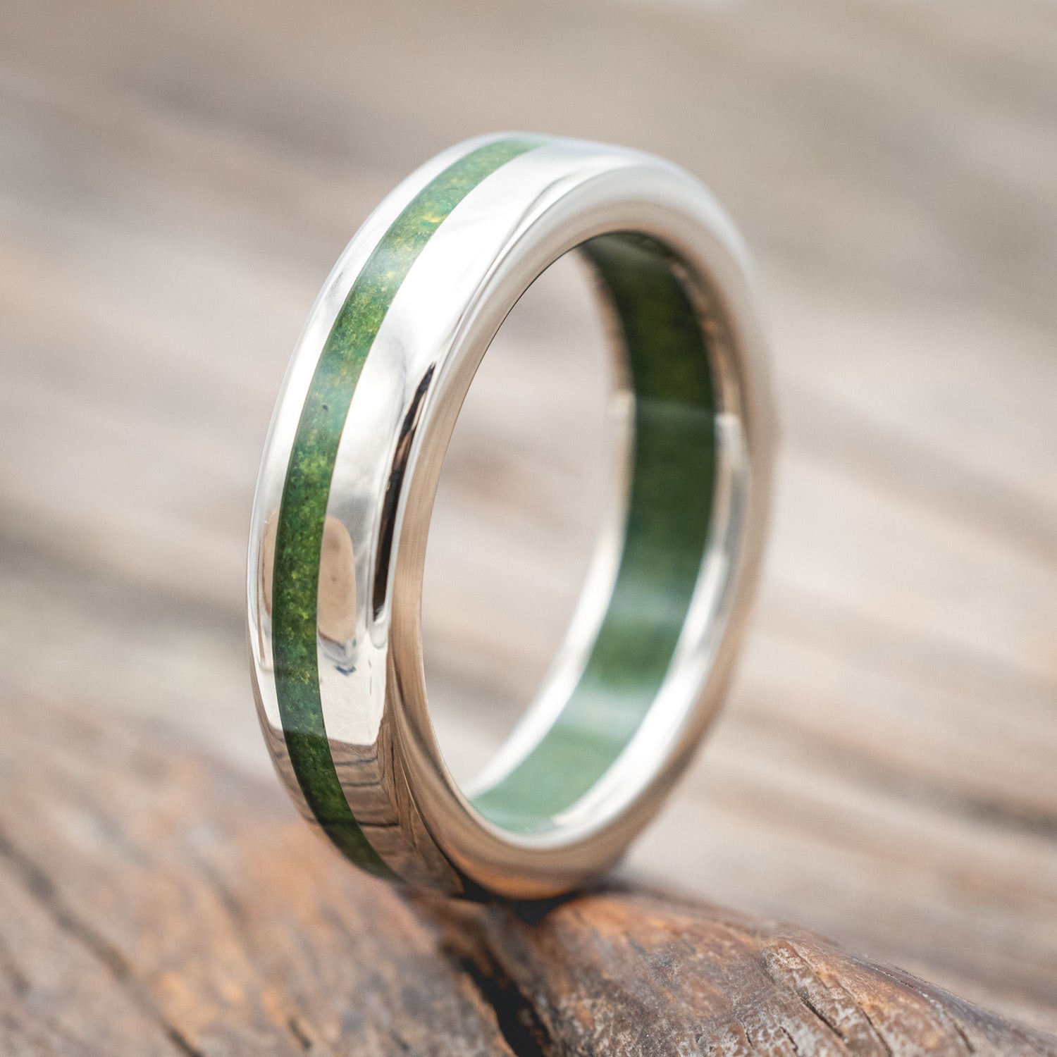 "Vertigo" Moss Inlay & Lining Wedding Ring | Staghead Designs