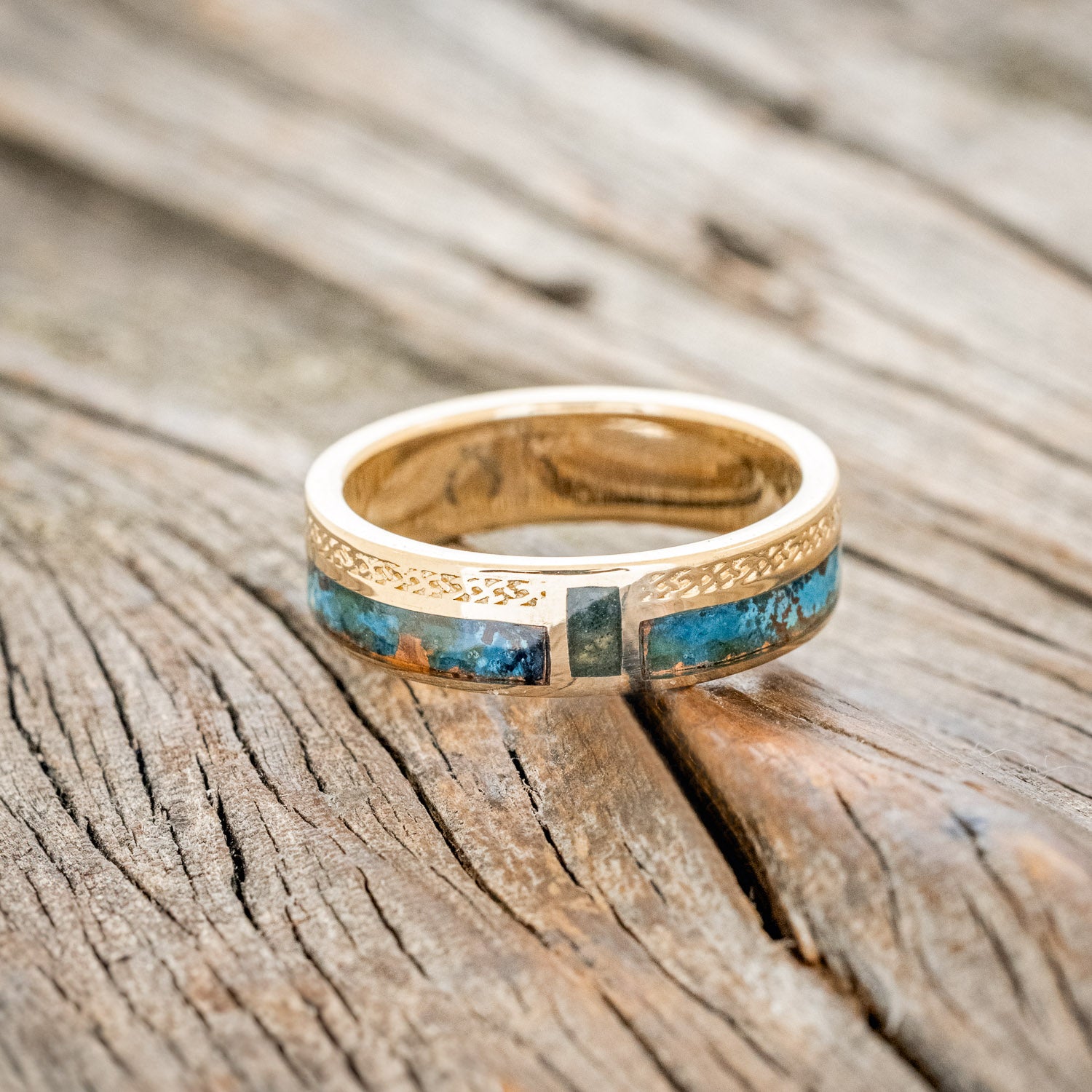"Bower" Celtic Knot Inspired Patina Copper & Moss Agate Wedding Band