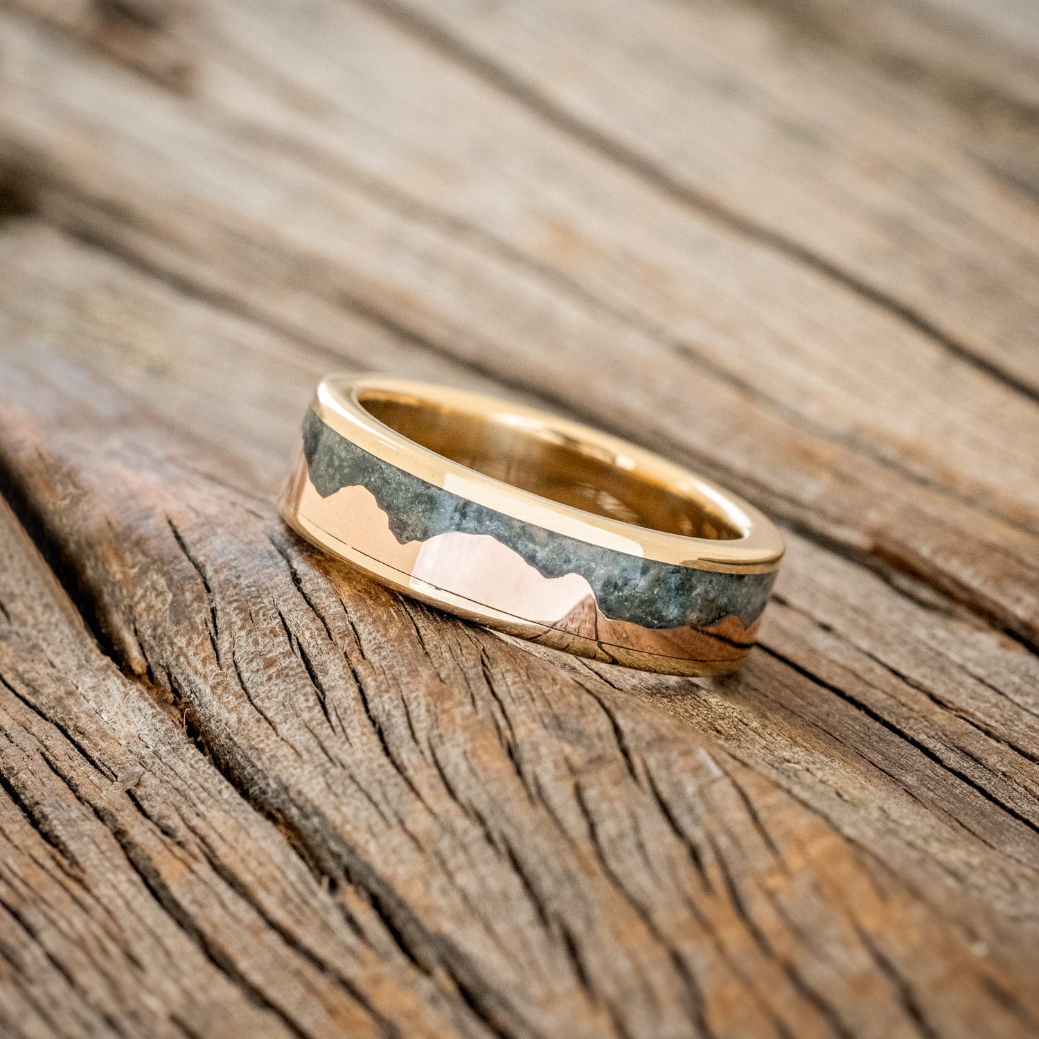 "HELIOS" - Mountain Range Wedding Band w/ 14k Gold & Moss – Staghead ...