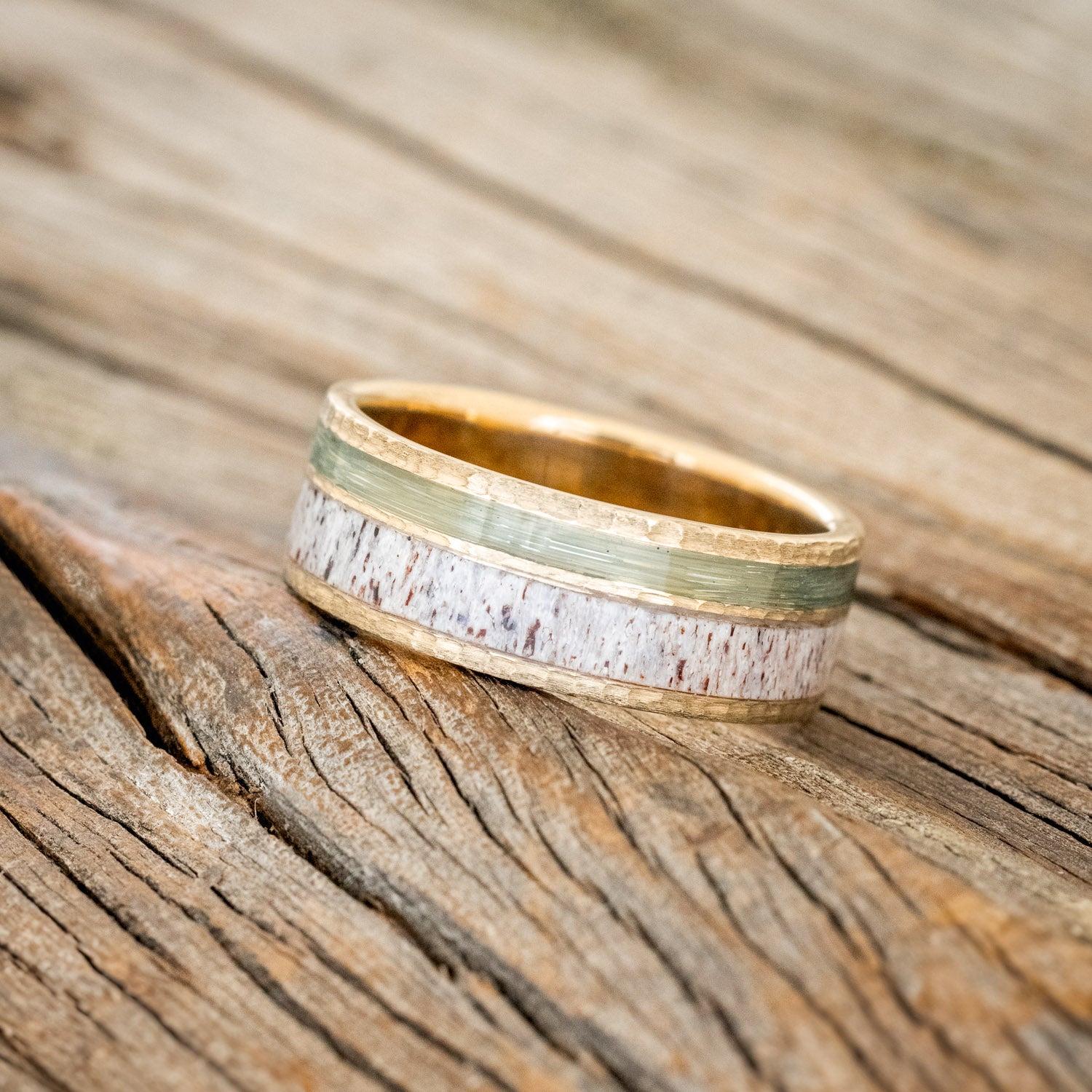 "RAPTOR" - ANTLER & FISHING LINE WEDDING RING FEATURING A HAMMERED BAN
