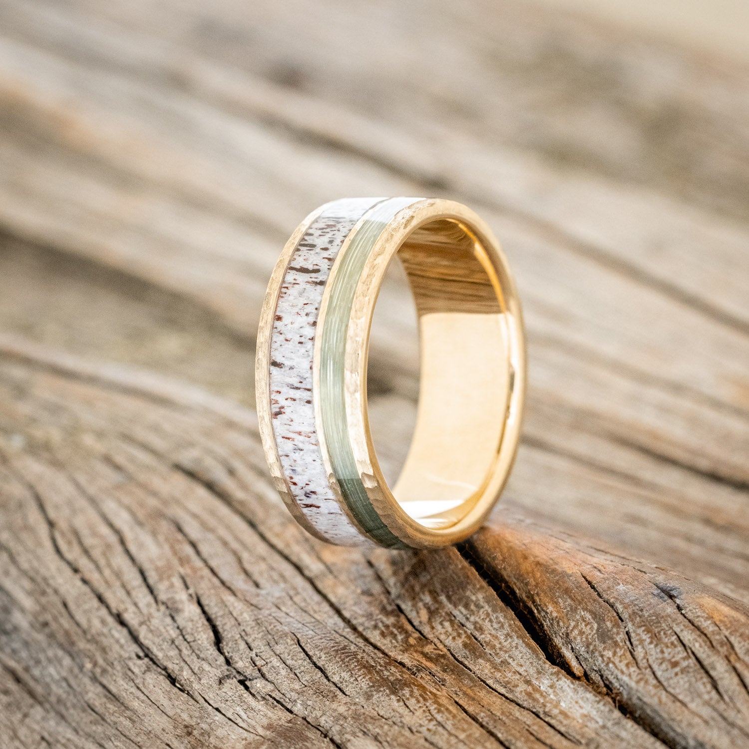 "RAPTOR" - ANTLER & FISHING LINE WEDDING RING FEATURING A HAMMERED BAN