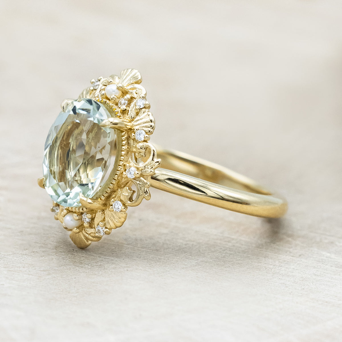 "Merrow" Oval Cut Engagement Ring With Diamond & Pearl Accents