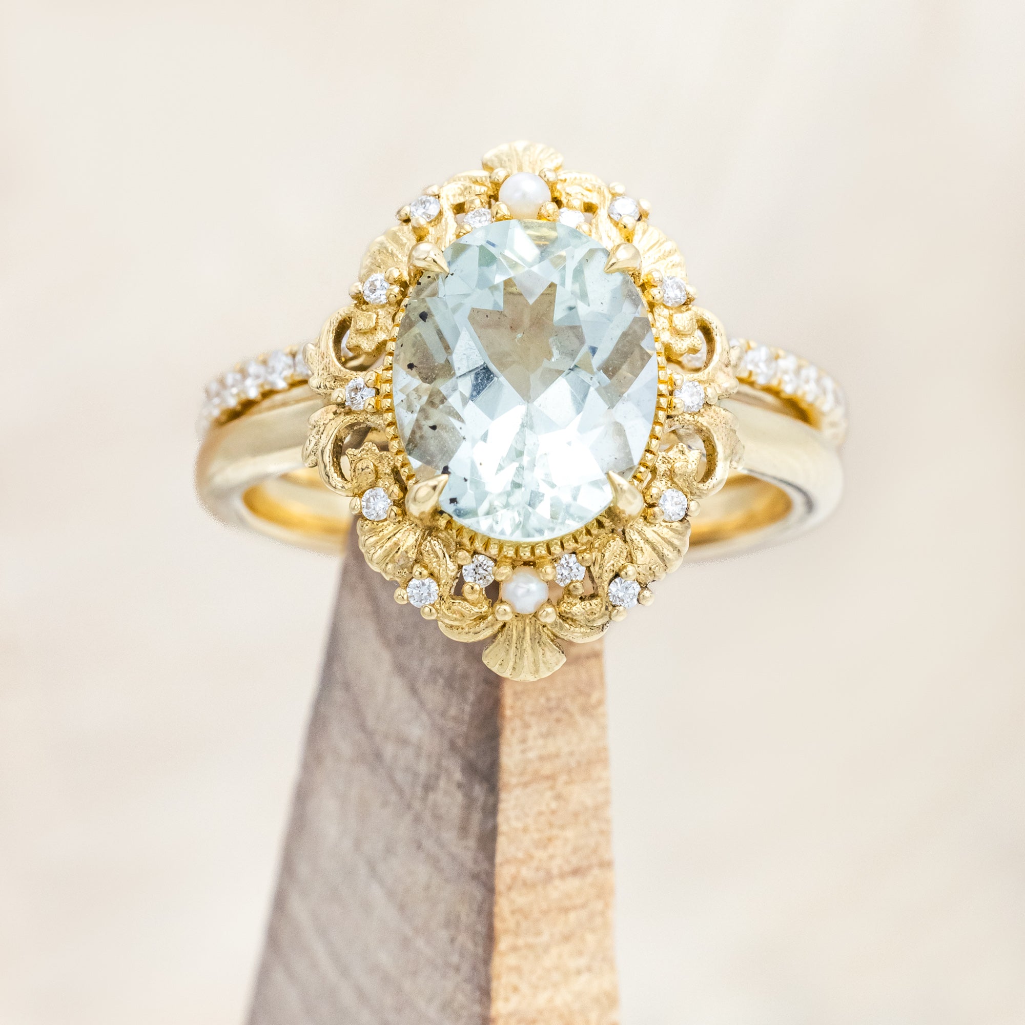"Merrow" Oval Cut Engagement Ring With Pearl Accents & Diamond Tracer