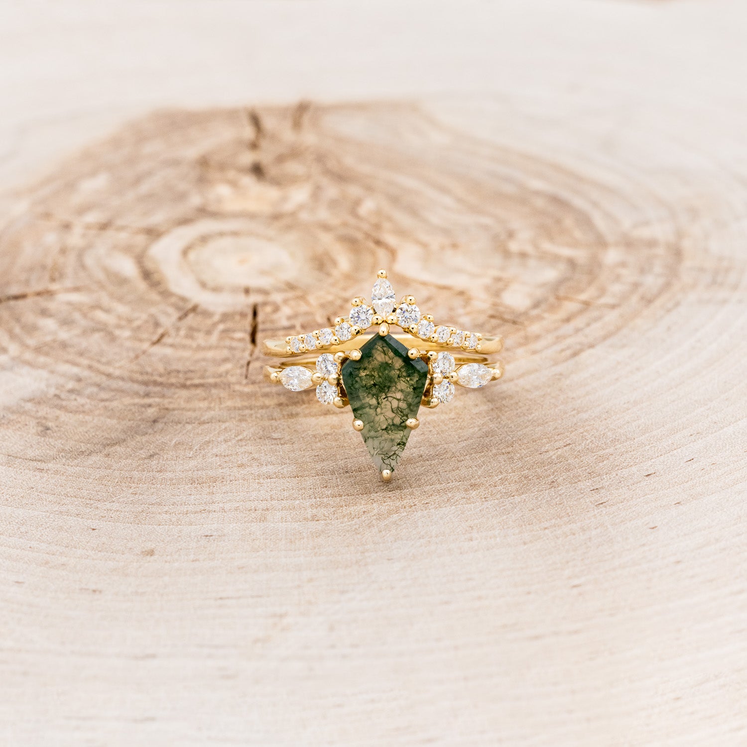 "SAGE" - KITE CUT MOSS AGATE ENGAGEMENT RING WITH DIAMOND ACCENTS & DI