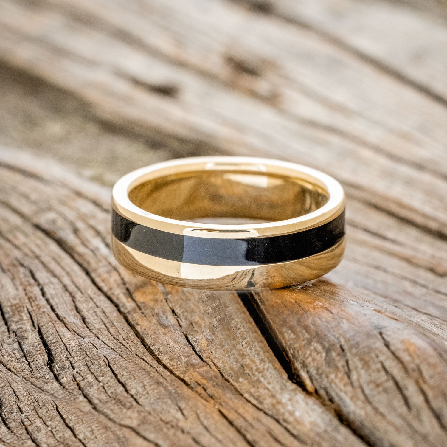 "TANNER" - BLACK ACRYLIC INLAY WEDDING RING FEATURING A 14K GOLD BAND