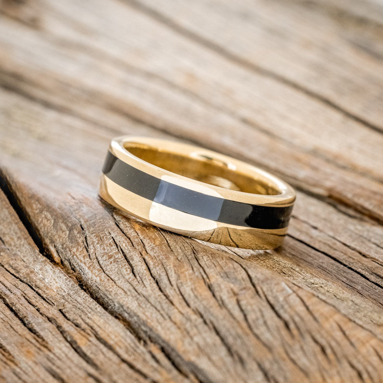 "TANNER" - BLACK ACRYLIC INLAY WEDDING RING FEATURING A 14K GOLD BAND