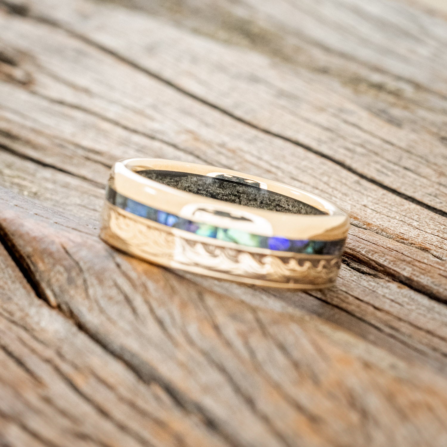 WAVE ENGRAVED WEDDING BAND WITH PAUA SHELL & SAND LINING - "TRITON"
