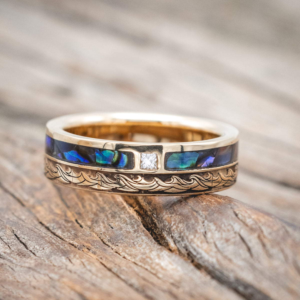 "Sebastian" Wave Engraved Wedding Band With Diamond & Paua Shell