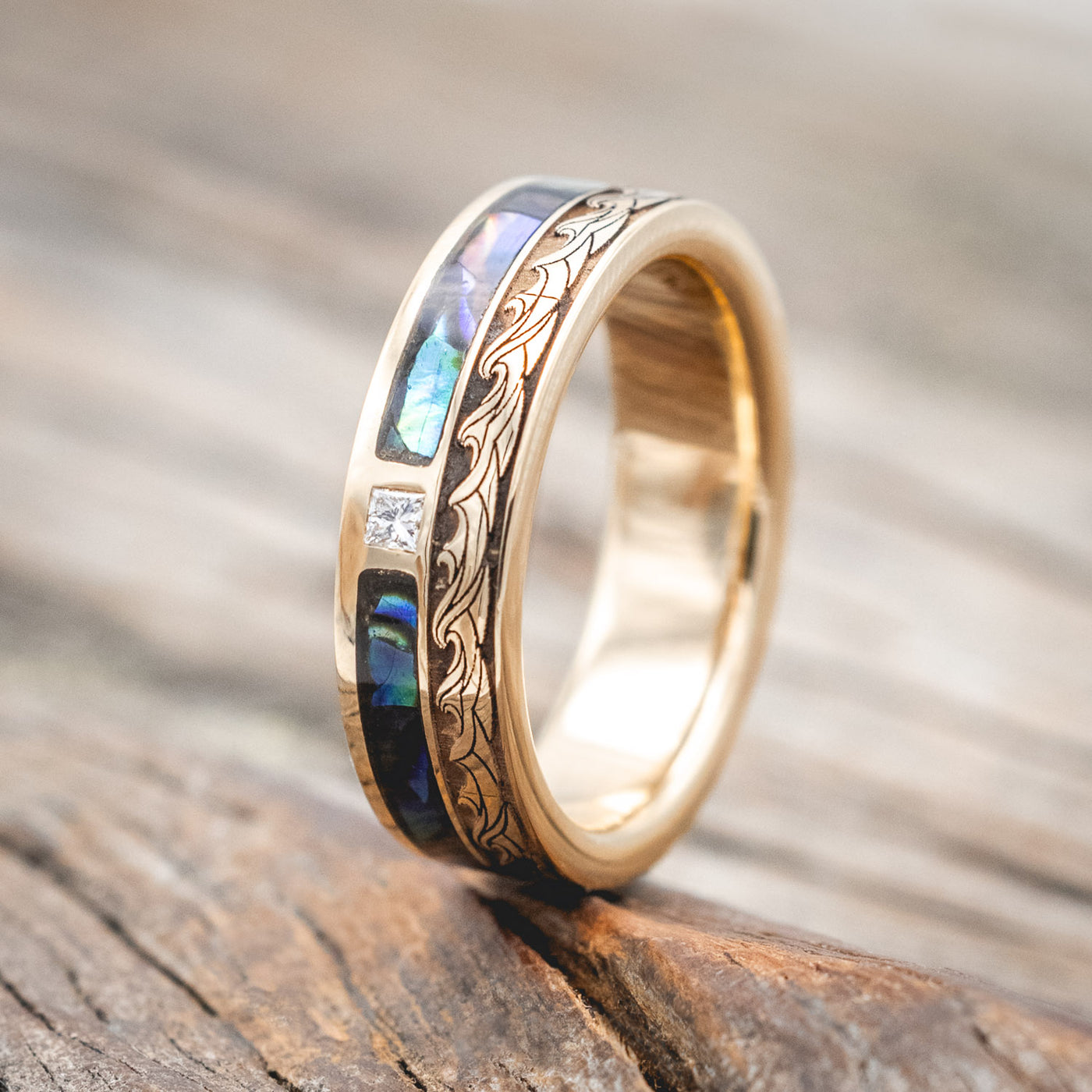 "Sebastian" Wave Engraved Wedding Band With Diamond & Paua Shell