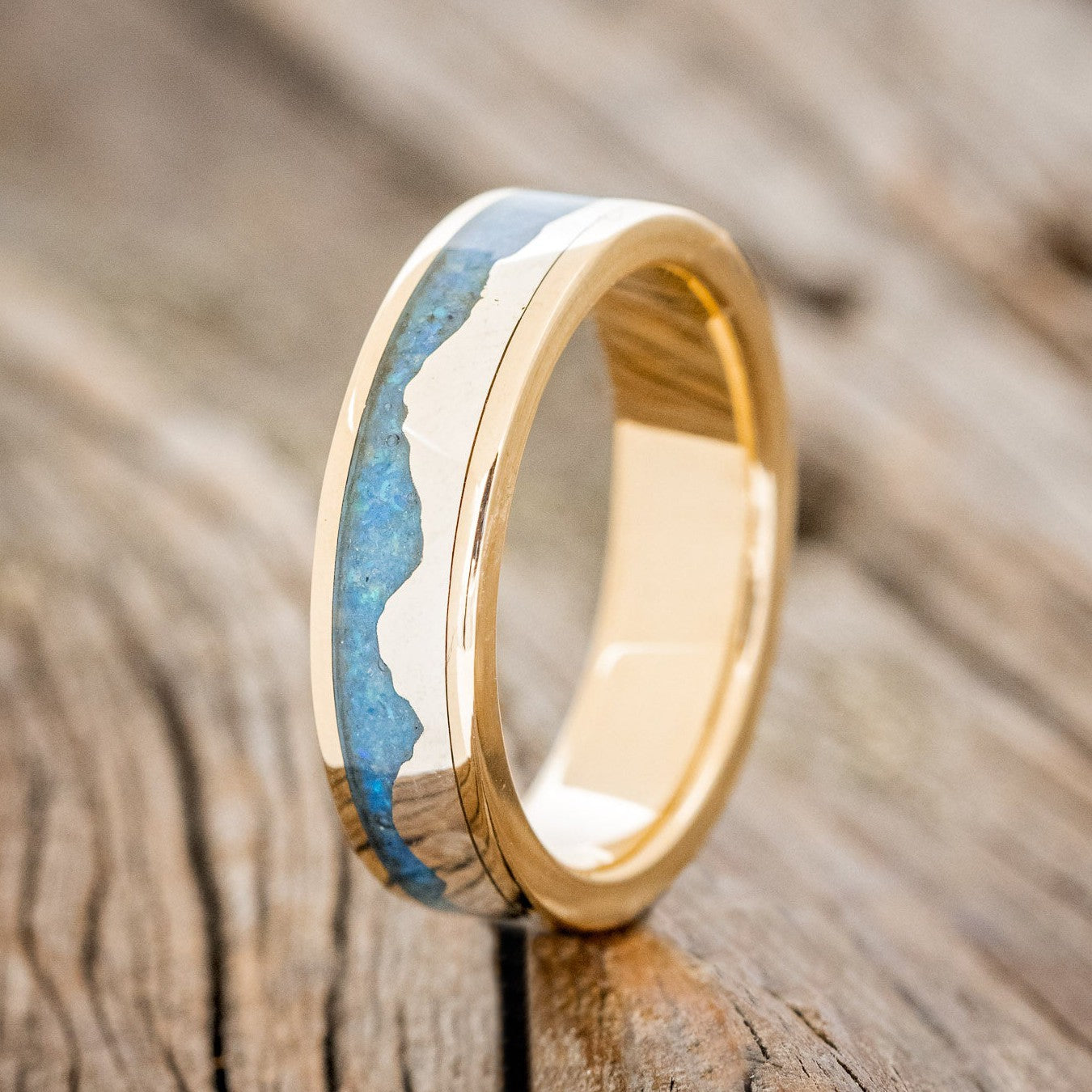 "HELIOS" - BLUE OPAL & 14K GOLD MOUNTAIN RANGE WEDDING BAND