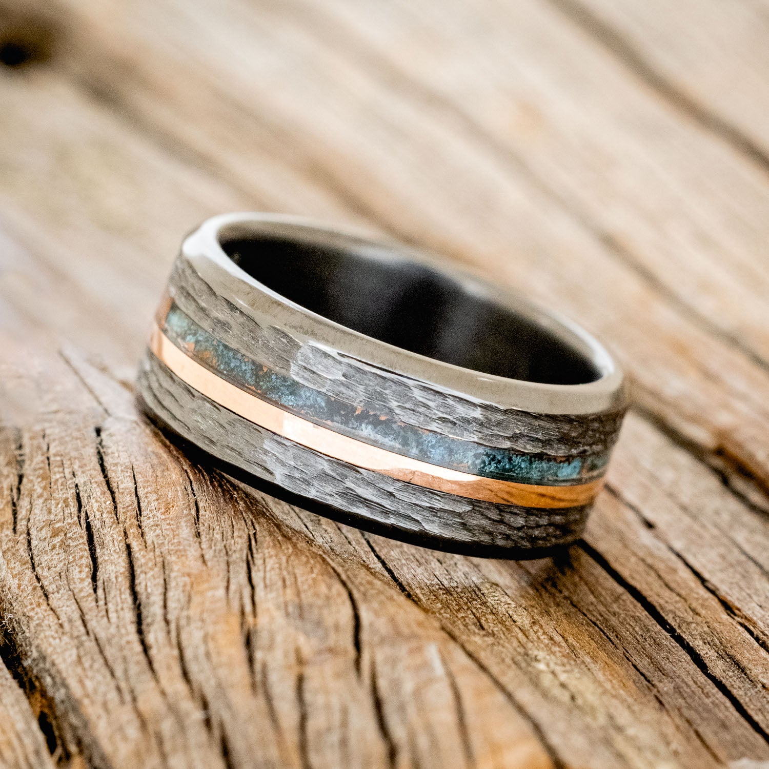 "ASHER" - CENTERED PATINA COPPER & 14K GOLD INLAY WEDDING