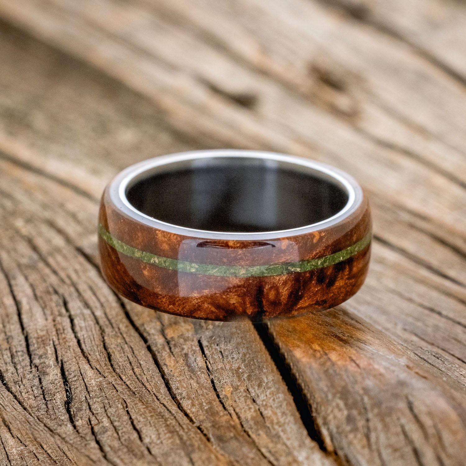 "Remmy' Redwood & Moss Wedding Ring | Staghead Designs