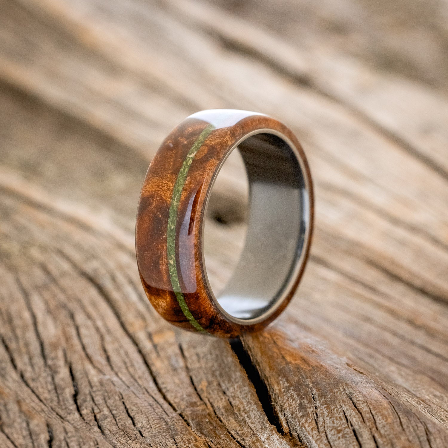 "Remmy' Redwood & Moss Wedding Ring | Staghead Designs
