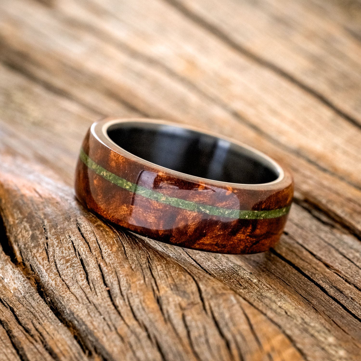 "Remmy' Redwood & Moss Wedding Ring | Staghead Designs