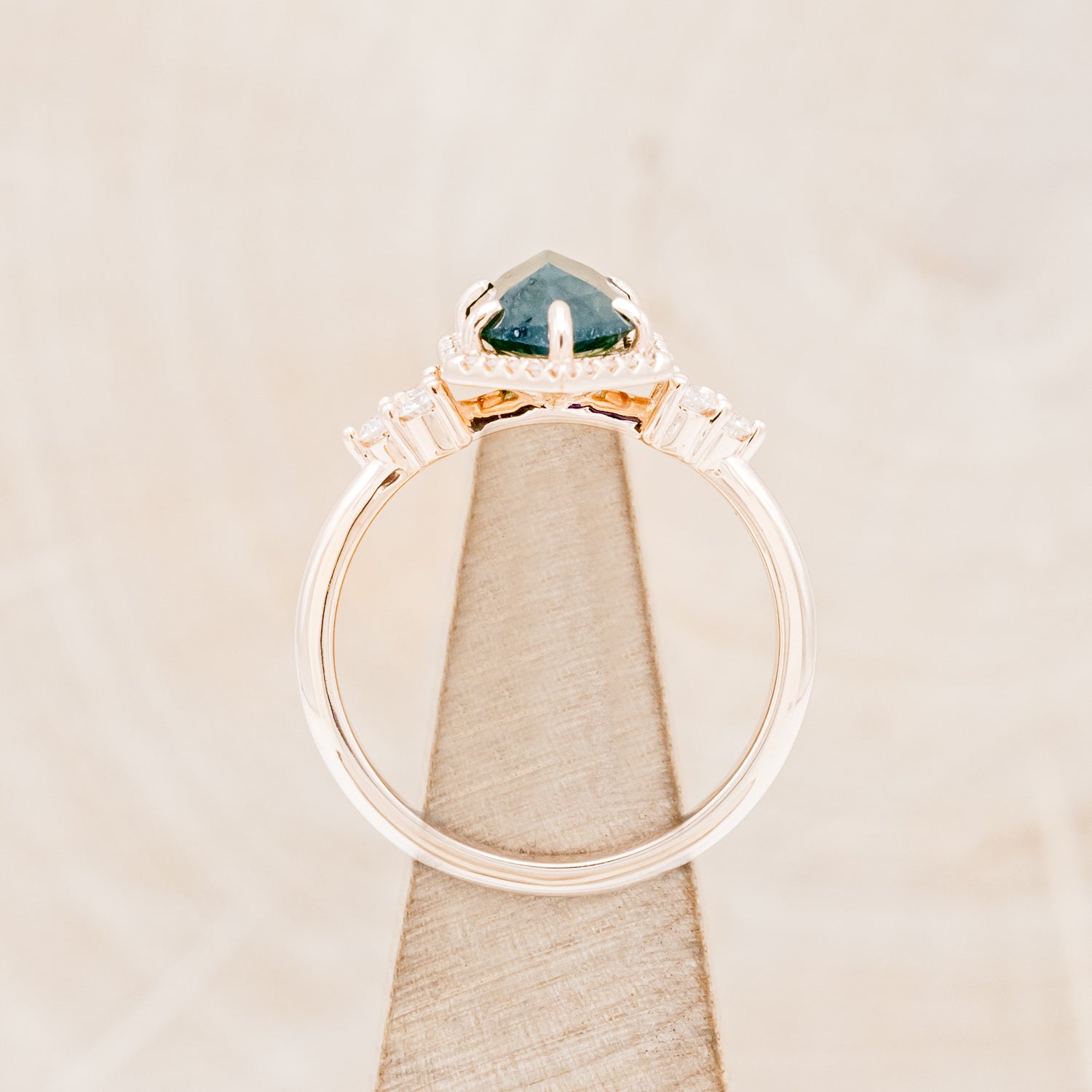 "OCTAVIA" - ELONGATED HEXAGON CUT MOSS AGATE ENGAGEMENT RING WITH DIAM