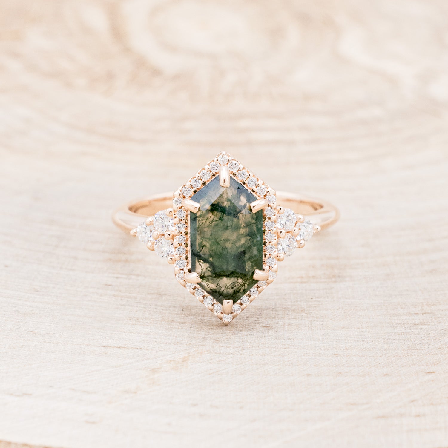 "OCTAVIA" - ELONGATED HEXAGON CUT MOSS AGATE ENGAGEMENT RING WITH DIAM