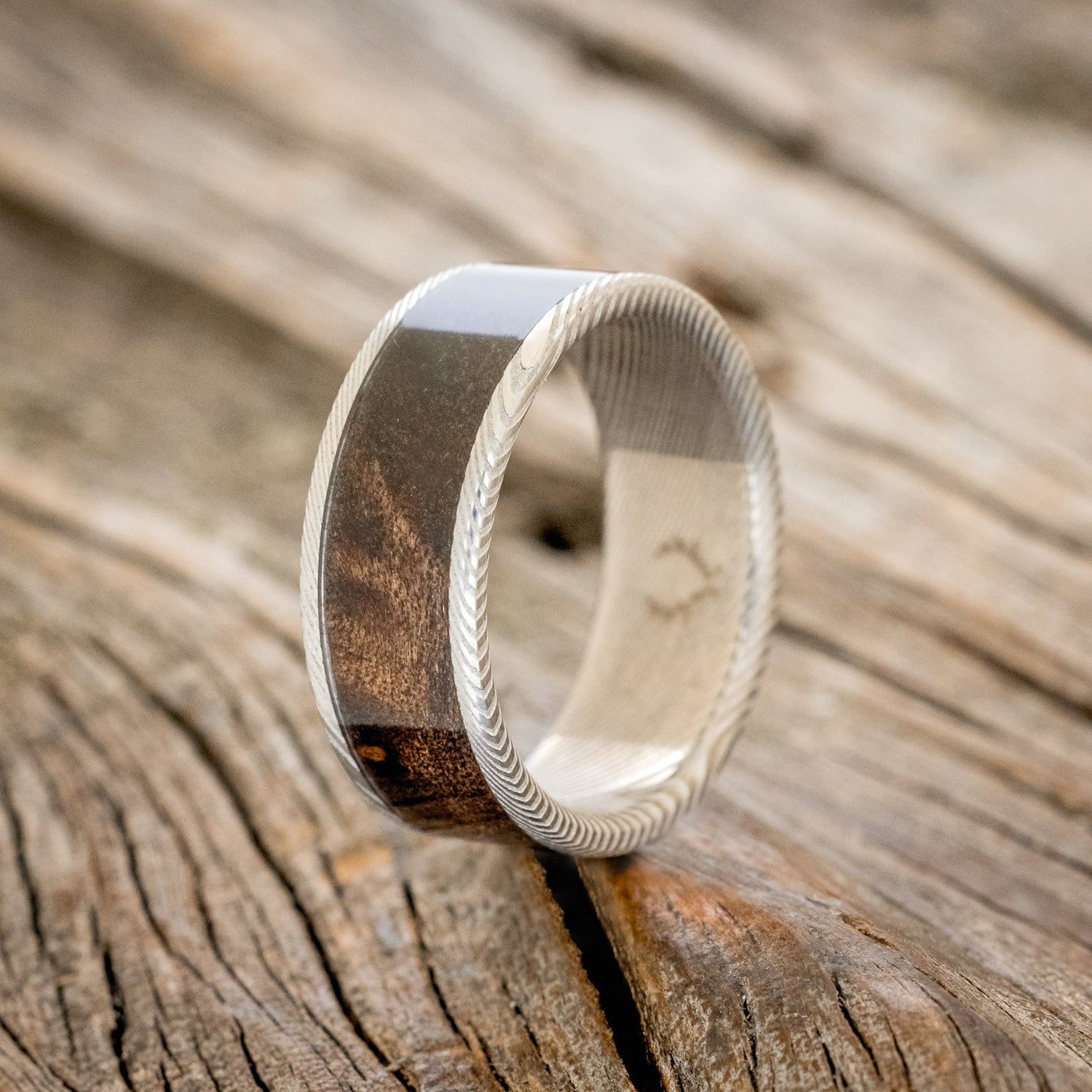 "RAINIER" - DARK MAPLE WOOD WEDDING RING FEATURING A BLACK ZIRCONIUM B ...