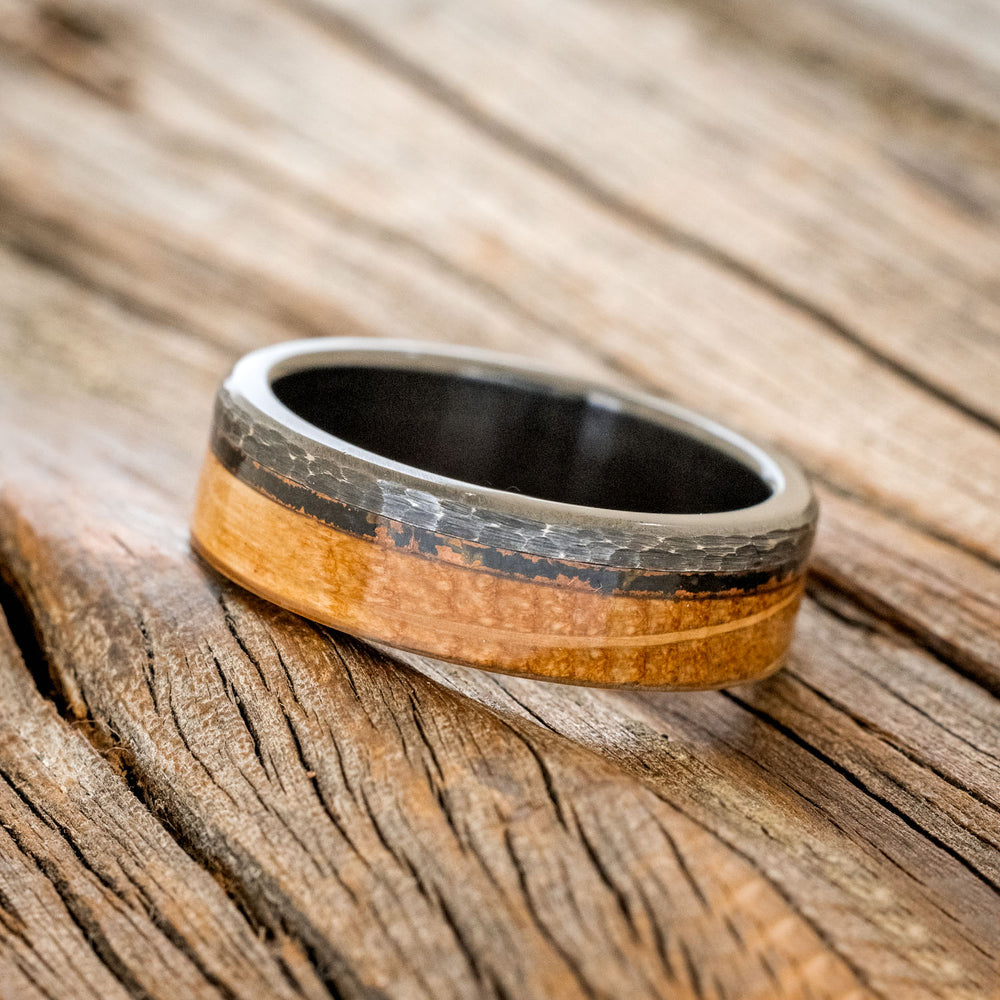 "Ezra" - Whiskey Barrel & Patina Copper Wedding Ring With A Hammered F
