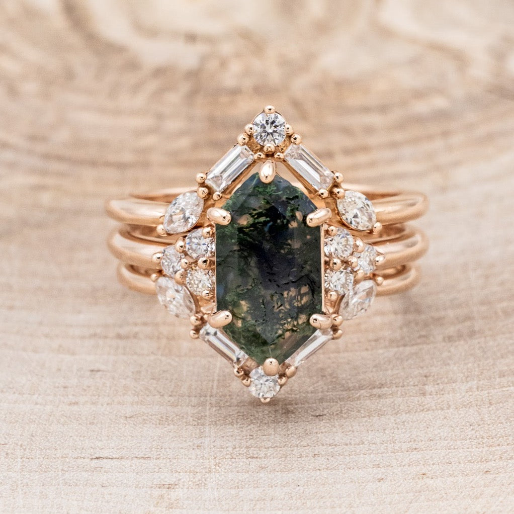 "OCTAVIA" - BRIDAL SUITE - ELONGATED HEXAGON CUT MOSS AGATE ENGAGEMENT