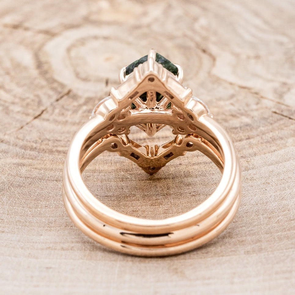 "OCTAVIA" - BRIDAL SUITE - ELONGATED HEXAGON CUT MOSS AGATE ENGAGEMENT