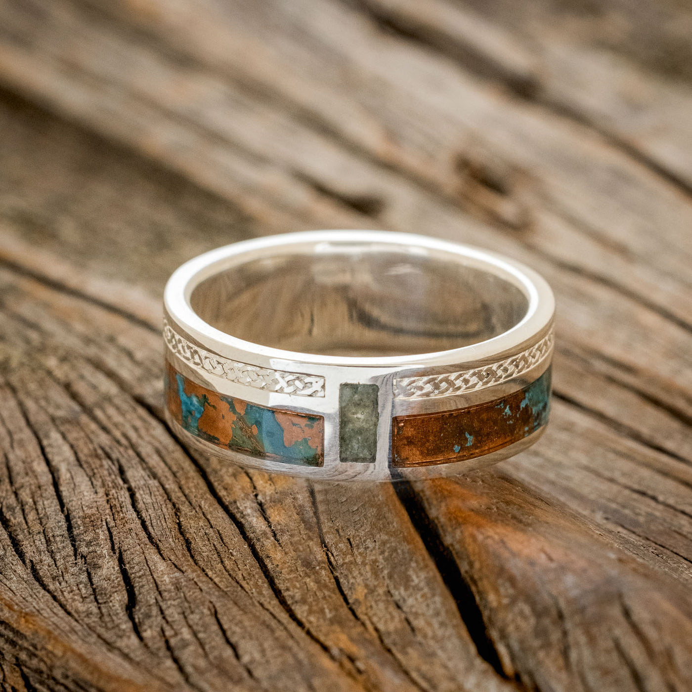 "Bower" Celtic Knot Patina Copper & Moss Agate Wedding Band