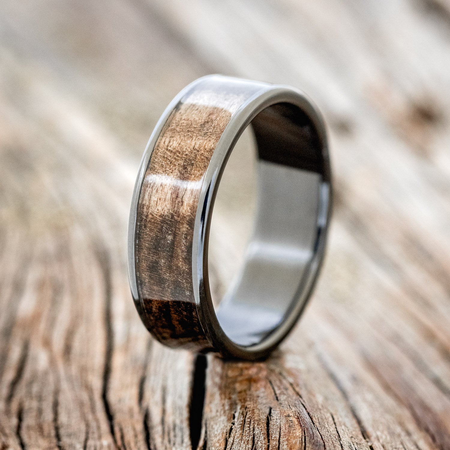 "RAINIER" - DARK MAPLE WOOD WEDDING RING FEATURING A BLACK ZIRCONIUM B ...