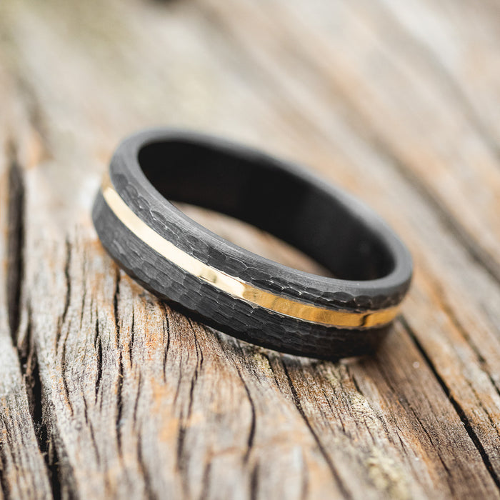 14K Gold Inlay Wedding Ring With A Hammered Finish
