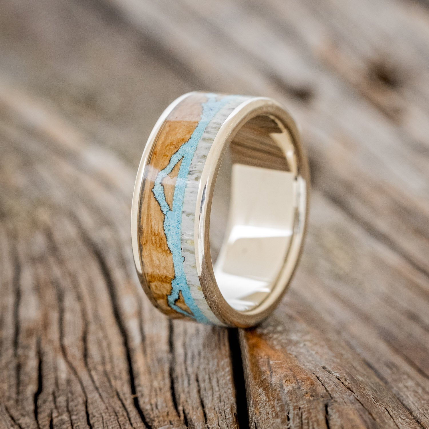 "The Expedition" Men's Mountain Wedding Ring + Oak, Turquoise & Antler