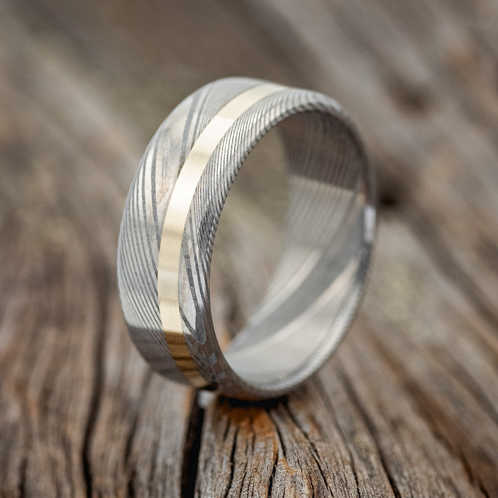 "VERTIGO" - 14K GOLD INLAY WEDDING RING WITH A DAMASCUS STEEL BAND ...