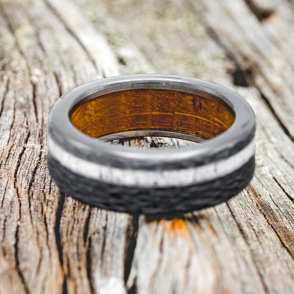 "VERTIGO" - Whiskey Barrel Lined Wedding Band with Antler