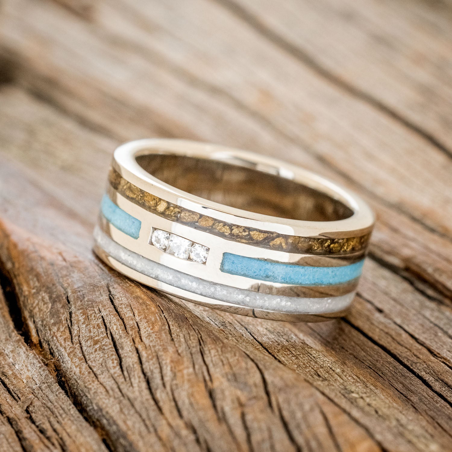 "RIO" - DIAMOND DUST, GOLD NUGGETS & TURQUOISE INLAYS WITH MOISSANITE