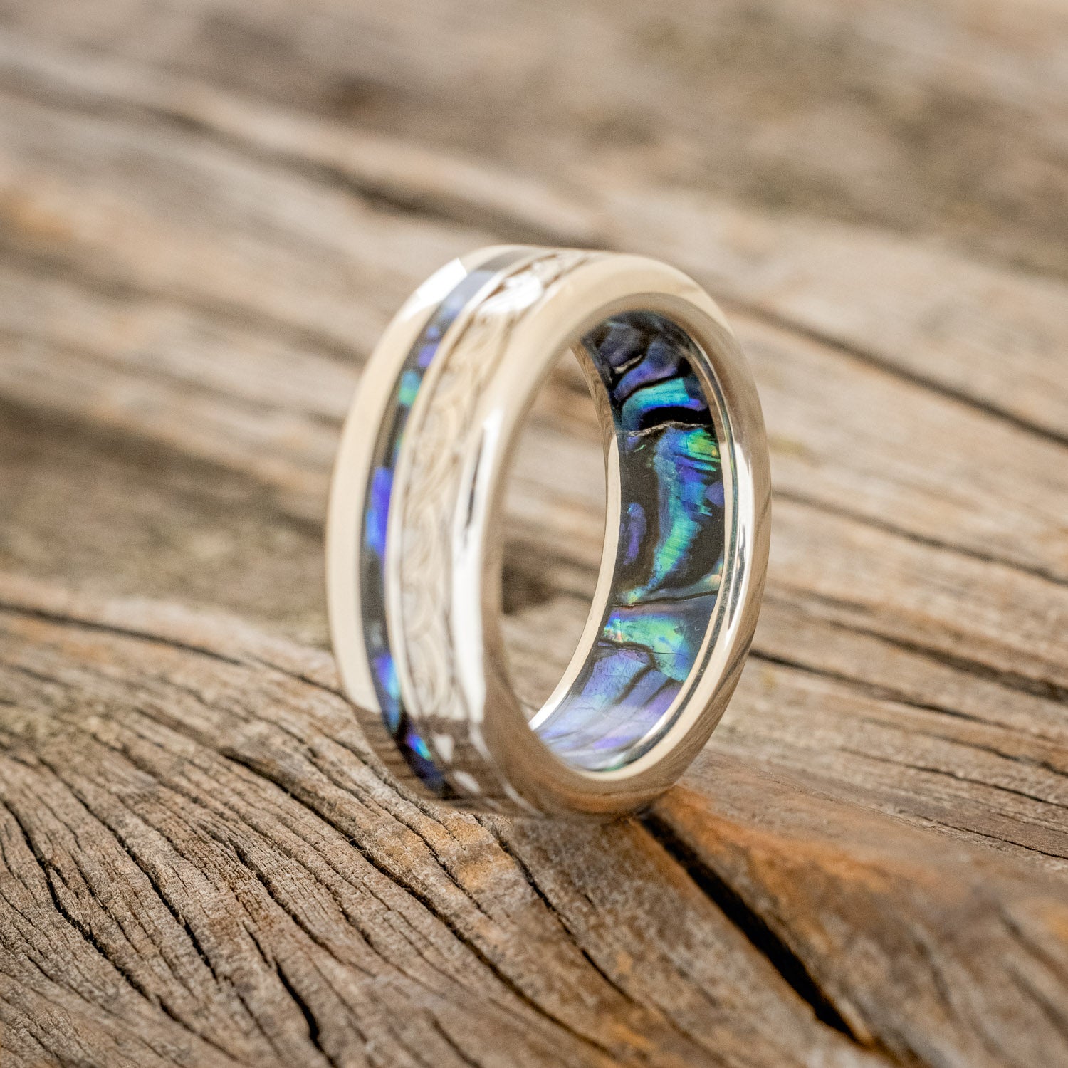 WAVE ENGRAVED WEDDING BAND WITH PAUA SHELL & SAND LINING - "TRITON"