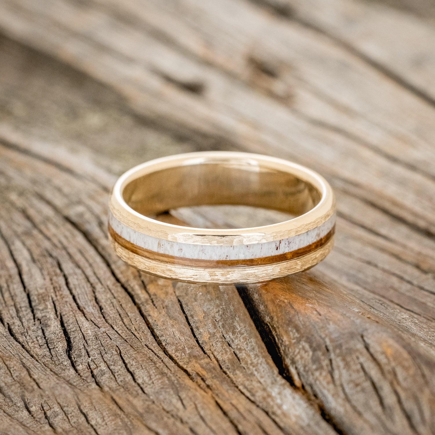"TANNER" - WHISKEY BARREL OAK & ANTLER WEDDING BAND WITH A HAMMERED FI