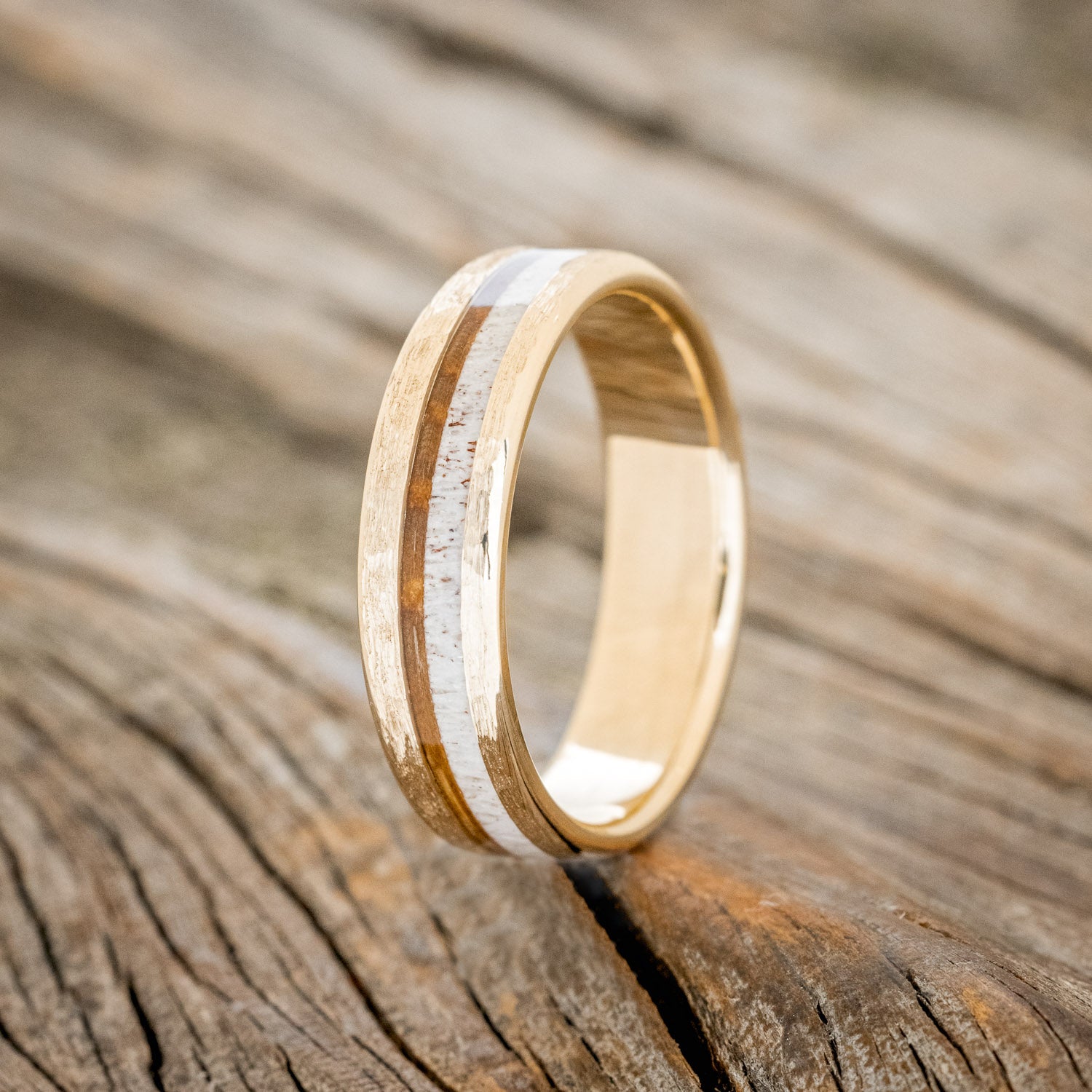 "TANNER" - WHISKEY BARREL OAK & ANTLER WEDDING BAND WITH A HAMMERED FI