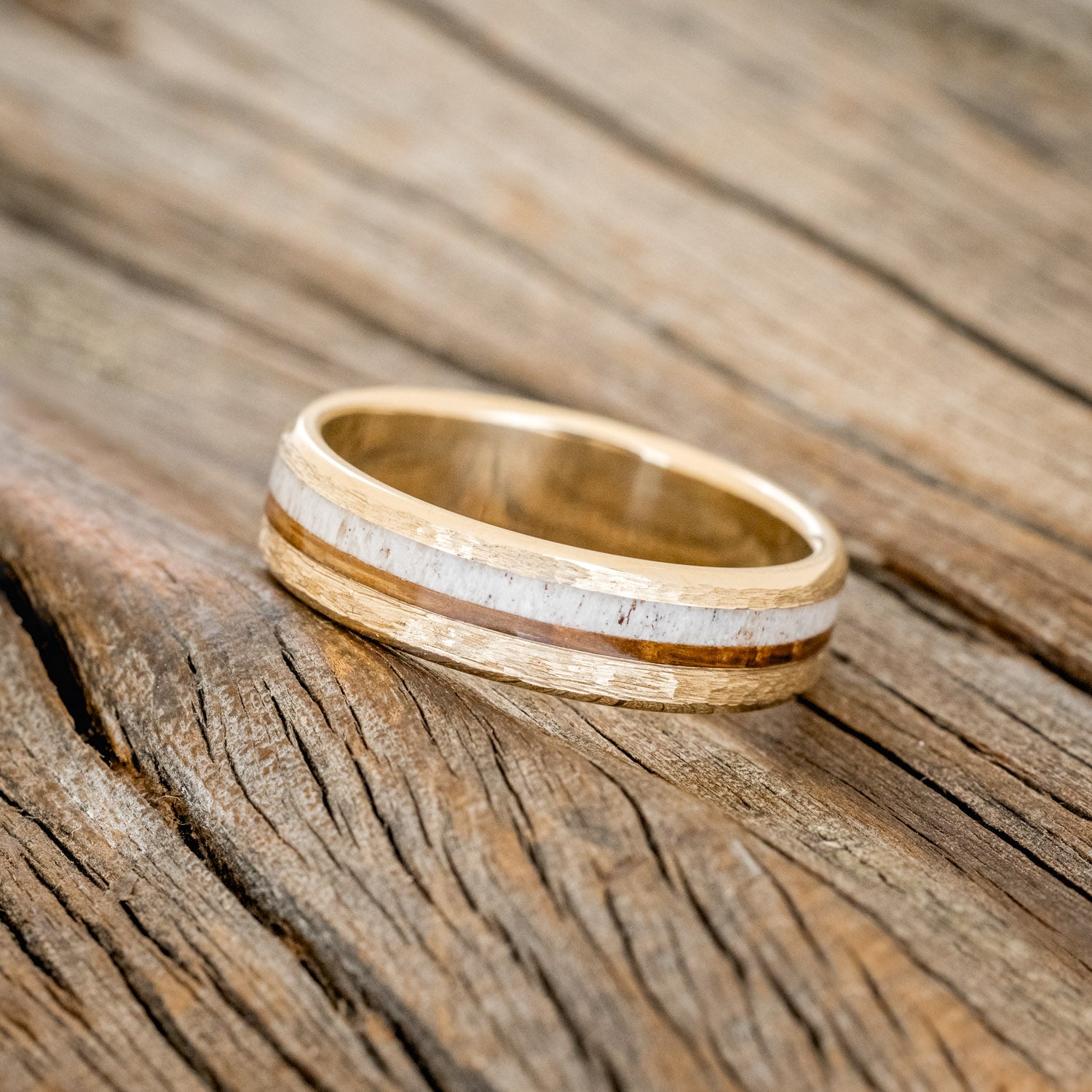 "TANNER" - WHISKEY BARREL OAK & ANTLER WEDDING BAND WITH A HAMMERED FI