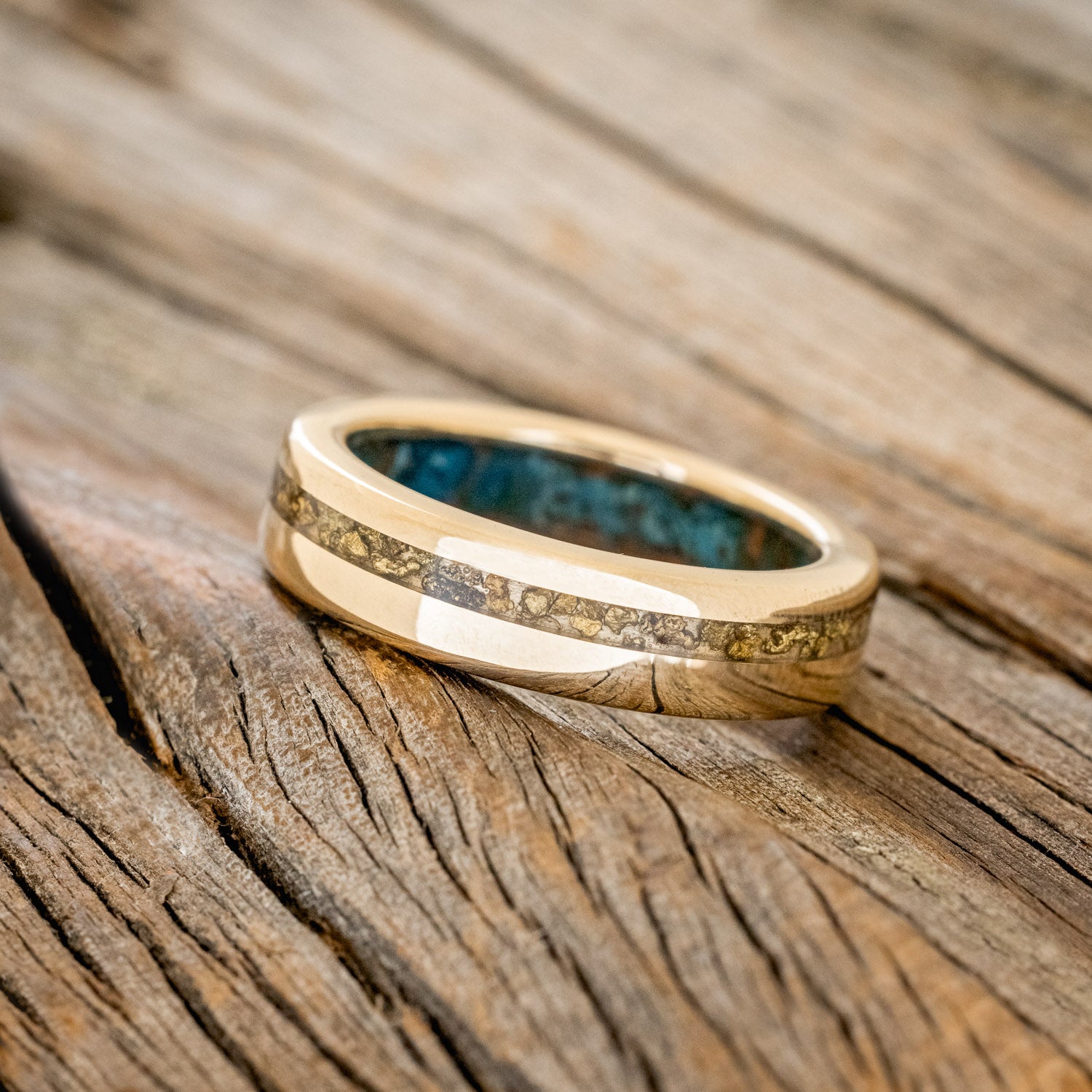 "VERTIGO" - GOLD NUGGETS INLAY WEDDING RING FEATURING A PATINA COPPER
